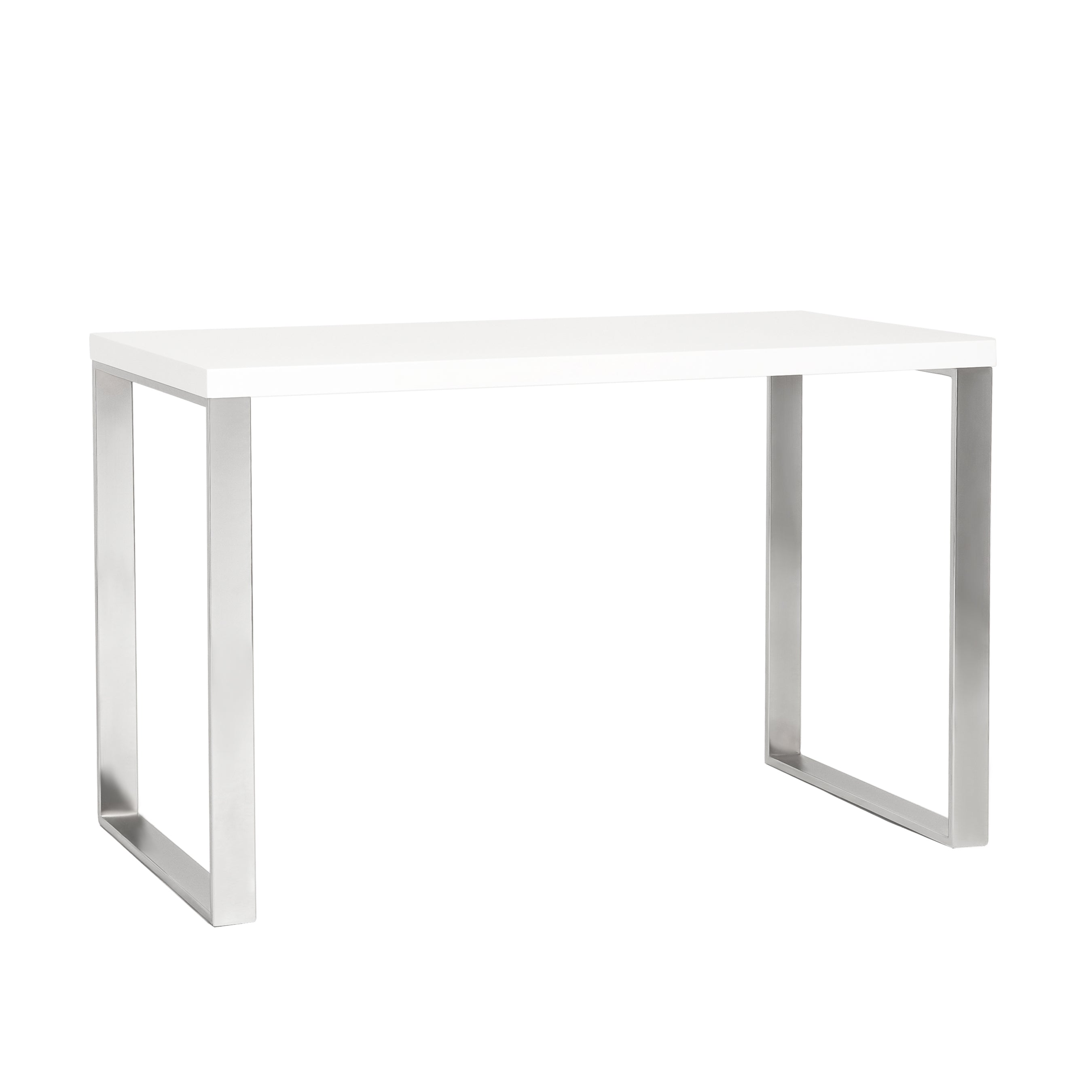 Dillon 48 Desk in High Gloss White with Polished Stainless Steel Base Kansas City Office Furniture